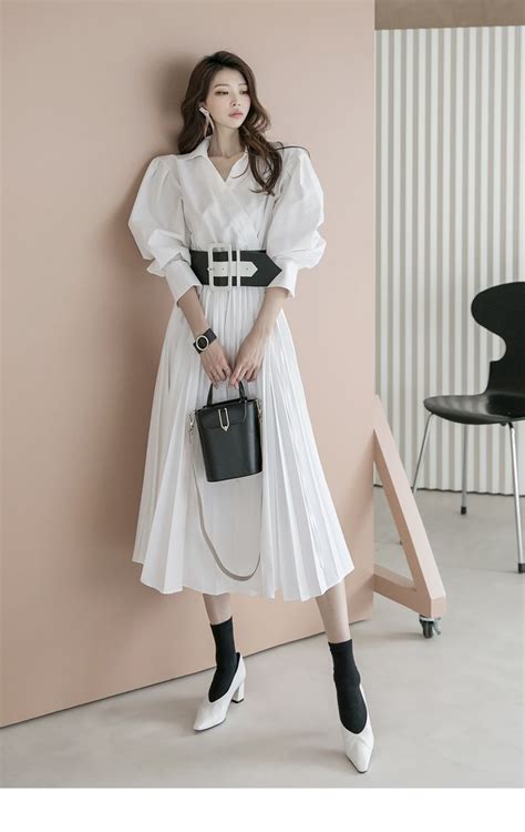 Dint D4102 아토스 셔츠 랩 밴딩 플리츠 미디 원피스38th Reorder 고급스러운 의상 옷 스타일 의상 코디