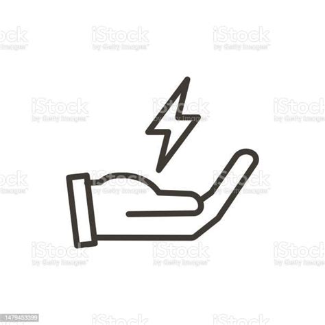 손과 전기 벡터 얇은 선 개요 아이콘 그림입니다 전기 에너지 절약 지속 가능성 재생 가능한 대체 에너지 전기 사용에 대한 이미지 날씬한에 대한 스톡 벡터 아트 및 기타