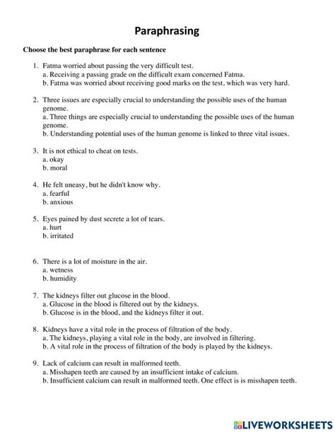 Paraphrasing Online Exercise For 11 12 Live Worksheets