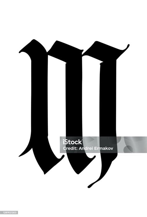 편지 M 고딕 양식의 스타일 벡터 알파벳 기호는 황금 배경에서 격리됩니다 서예와 글자 중세 라틴어 문자 회사의 로고 모노 그램 문신에 대한 우아한 글꼴 문장에 대한 스톡