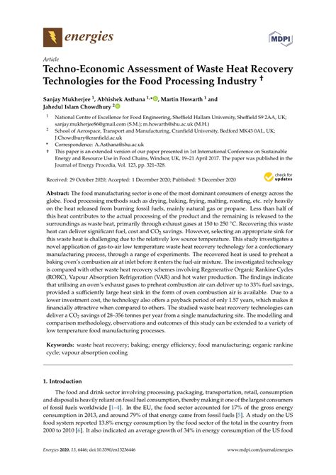 PDF Techno Economic Assessment Of Waste Heat Recovery Technologies For The Food Processing