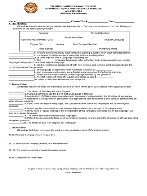 Automata Midterm Exam Pdf Grammar Syntax Logic