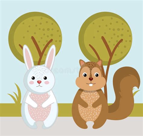 Cute Rabbit And Squirrel Wild Animals Forest Landscape Tree Stock
