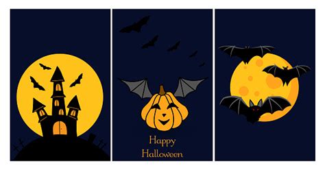 계절 인사말 카드 할로윈을 위한 스칸디나비아 카드 사냥된 집 달을 배경으로 한 박쥐 날개가 달린 할로윈 귀여운 호박 벡터 그림 10월에 대한 스톡 벡터 아트 및 기타 이미지