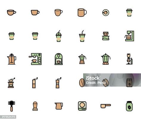 커피 윤곽선 채워진 아이콘 세트 벡터 일러스트 레이 션 이미지 0명에 대한 스톡 벡터 아트 및 기타 이미지 0명 가방 디자인 Istock