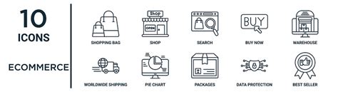 전자 상거래 개요 아이콘 세트에는 얇은 라인 쇼핑백 검색 창고 파이 차트 데이터 보호 베스트셀러 보고서 프리젠 테이션 다이어그램 웹 디자인을위한 전세계 배송 아이콘이
