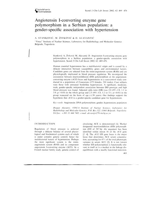 Pdf Angiotensin I Converting Enzyme Gene Polymorphism In A Serbian Population A Gender