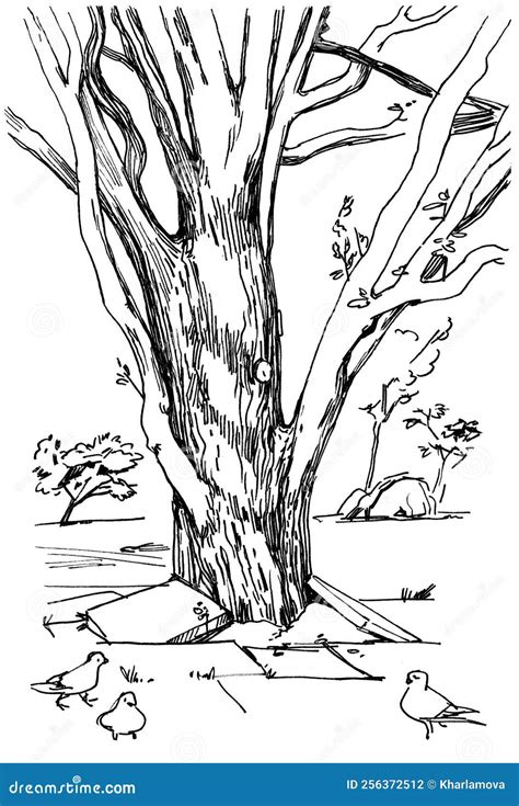 Linear Sketch Trees From Nature Hand Drawing Stock Illustration Illustration Of Drawing