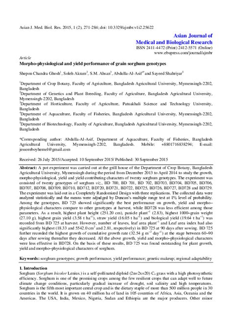 Pdf Morpho Physiological And Yield Performance Of Grain Sorghum Genotypes