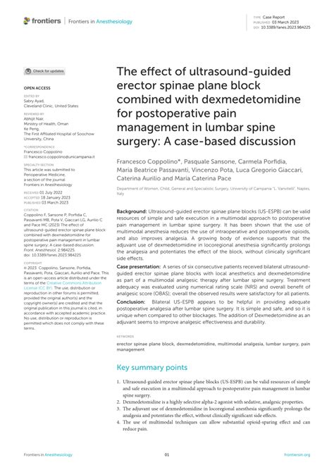 Pdf The Effect Of Ultrasound Guided Erector Spinae Plane Block Combined With Dexmedetomidine