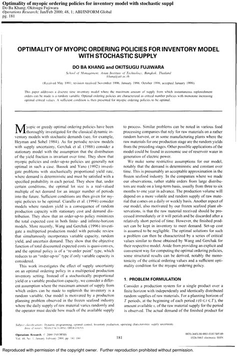 Pdf Optimality Of Myopic Ordering Policies For Inventory Model With