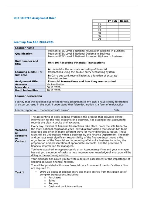 Unit 10 Assignment 1 Unit 10 Recording Financial Transactions