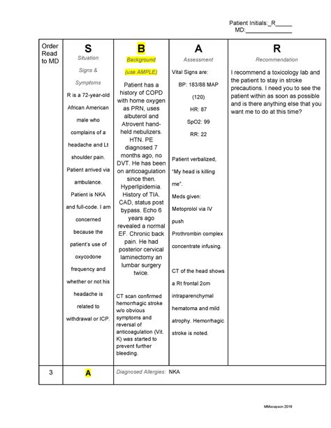 Sample And Sbar 2 Sbar Example From Novex Patient Initials R Md Order Read