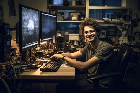 Portrait Of A Young Caucasian Man Using A Computer In A Dark Room A