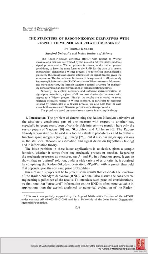 Pdf The Structure Of Radon Nikodym Derivatives With Respect To Wiener And Related Measures