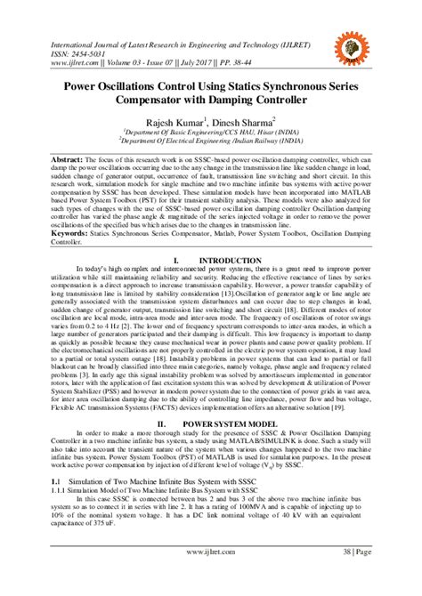 Pdf Power Oscillations Control Using Statics Synchronous Series Compensator With Damping