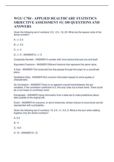 WGU C784 APPLIED HEALTHCARE STATISTICS OBJECTIVE ASSESSMENT 1 100 QUESTIONS AND ANSWERS