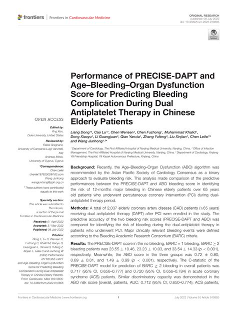 Pdf Performance Of Precise Dapt And Age Bleeding Organ Dysfunction Score For Predicting