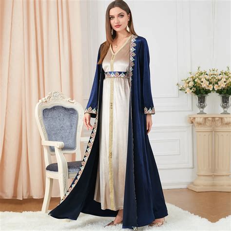 여성을 위한 럭셔리 2 피스 이슬람 드레스 벨트가 있는 이슬람 드레스 여성 모로코 카프 탄 가운 라마단 여성 교회 아바야 가운 Aliexpress