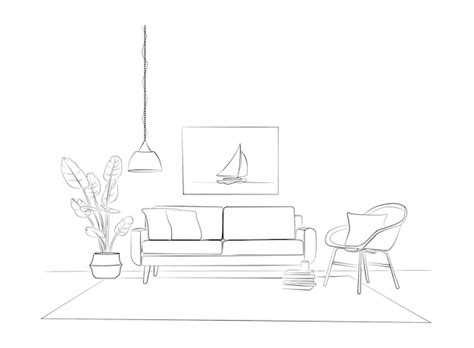 흰색 배경 벡터 Illustrati에 검은색 스케치 라인에 현대적인 거실이 있는 인테리어 디자인 프리미엄 벡터