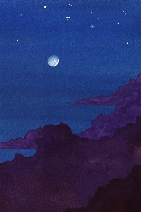 Watercolor Night Sky With Stars And Moon