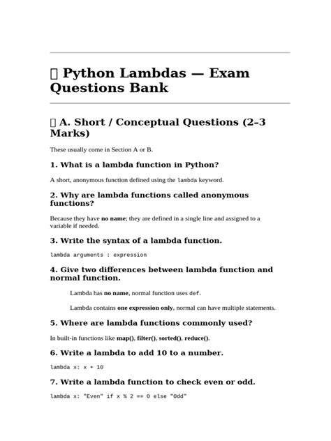 Python Lambda Functions Exam Questions Pdf Anonymous Function