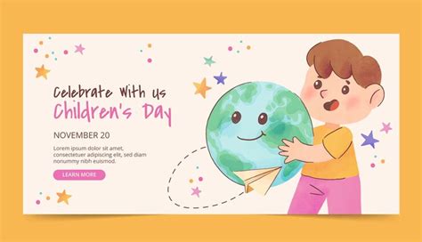 수채화 세계 어린이 날 가로 배너 템플릿 무료 벡터