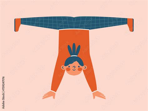 Handstand Flat Cartoon Illustration Cute Kawaii Teenage Girl Trains