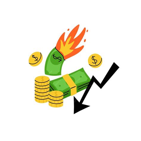돈 손실 불타는 달러 지폐 경제 금융 위기 아래쪽 화살표 경제 감소 파산 비즈니스 인포그래픽 수입 및 수입 만화 플랫 격리 벡터