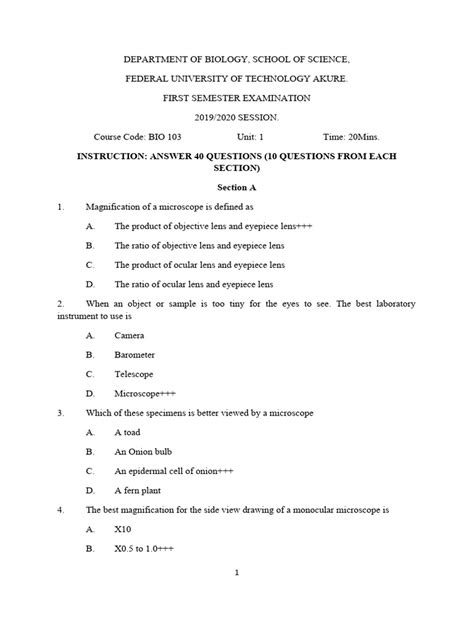 Bio 103 Cbe Questions 2021 1 Pdf Microscope Leaf
