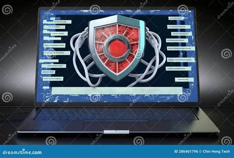 laptop protected with shield and binary code illustration stock