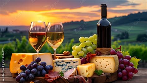 Gourmet Cheese Savory Meats Fresh Fruits And Exquisite Wine Amidst A