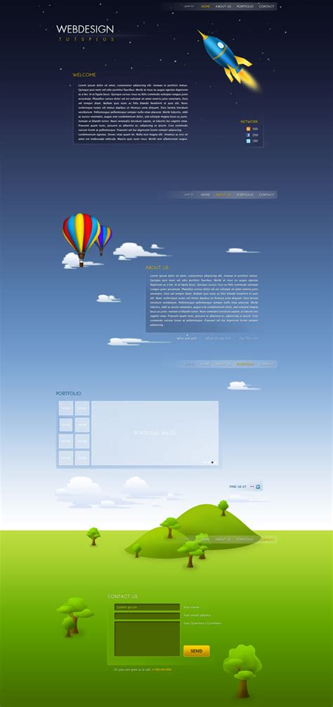 create an illustrative single page web design with photoshop