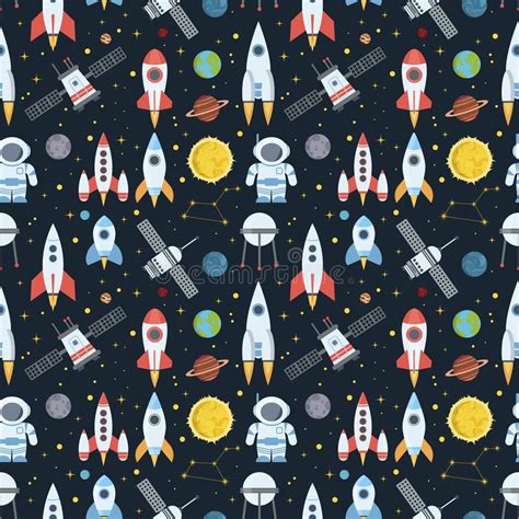 Rocket Space Globe Solar System And Planet Cosmos Sky Seamless Pattern Background Vector