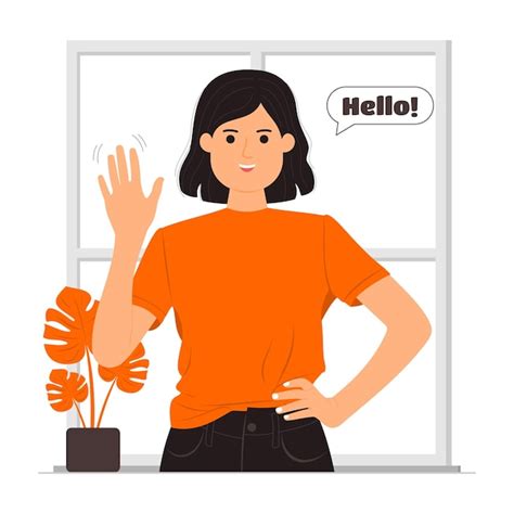 Premium Vector Friendly Smiling Girl Waving Hand Saying Hello Illustration