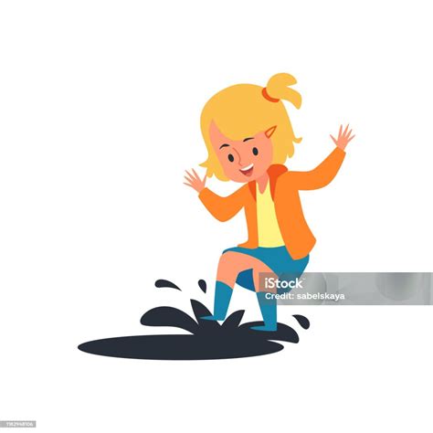 비 웅덩이에 점프 하는 행복 한 아이 작은 금발의 소녀 데 재미 튀는 진흙 물 계절에 대한 스톡 벡터 아트 및 기타 이미지 계절 고무 귀여운 Istock