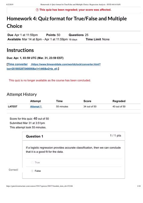 Isye 6414 Homework 4 Quiz Format For Truefalse And Multiple Choice