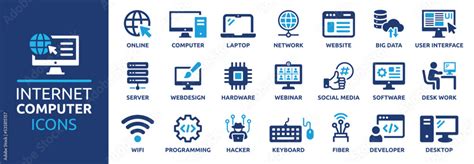 internet computer icon set containing online computer network