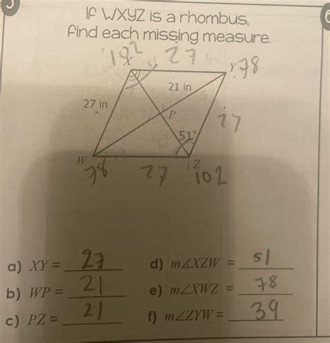 Solved Pls Show Working If Wxyz Is A Rhombus Find Each Missing