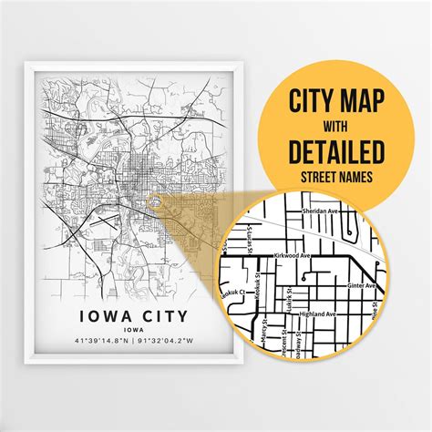 Printable Map Of Iowa City Ia With Street Names Iowa Usa City Etsy
