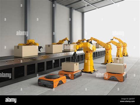 Automation Factory Concept With 3d Rendering Robot Arm With Warehouse Robot And Conveyor Belt