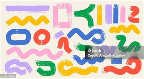 캔버스에 그려진 들쭉날쭉한 가장자리가 있는 컬러 그런지 브러시 세트 브러시 스트로크 색상은 직선 물결 모양 지그재그 곡선 원 사각형입니다 디자인을 위한 텍스트 현대 미술