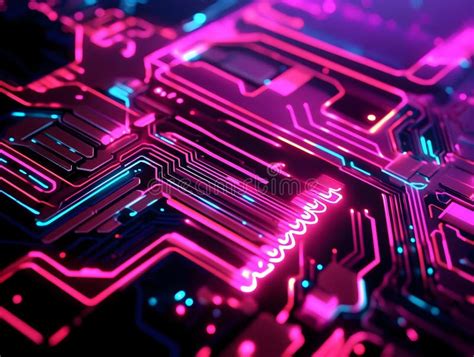 Glowing Digital Circuit Board With Neon Traces Futuristic Technology Stock Illustration