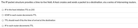 Solved The IP Packet Structure Provides A Time To Live Chegg