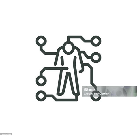 얇은 윤곽선 아이콘 남자 사이보그와 와이어 이러한 선 기호 약화 Ai 기술 인공 지능 매트릭스 로봇 공학 벡터 격리 사용자 정의