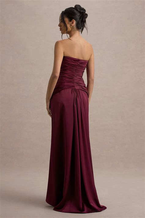 Desirie Burgundy Satin Sweetheart Gathered Maxi Dress Club L London Aus