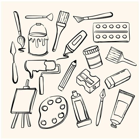 Hand drawn set of artist tools doodle. Art supplies in sketch style ...