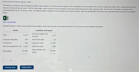 Solved Excel Online Structured Activity Wacc Below X Open