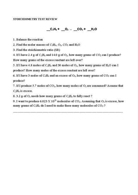 Stoichiometry Test Review Stoichiometry Test Review C 2 H 6 O 2 → Co 2 H 2 O