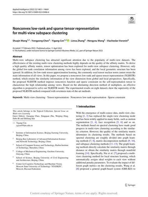 Nonconvex Low Rank And Sparse Tensor Representation For Multi View Subspace Clustering Request Pdf